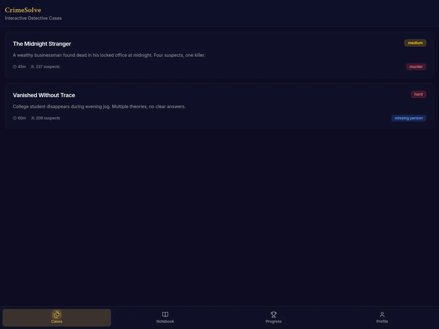 CrimeSolve – Immersive Detective Investigation Game