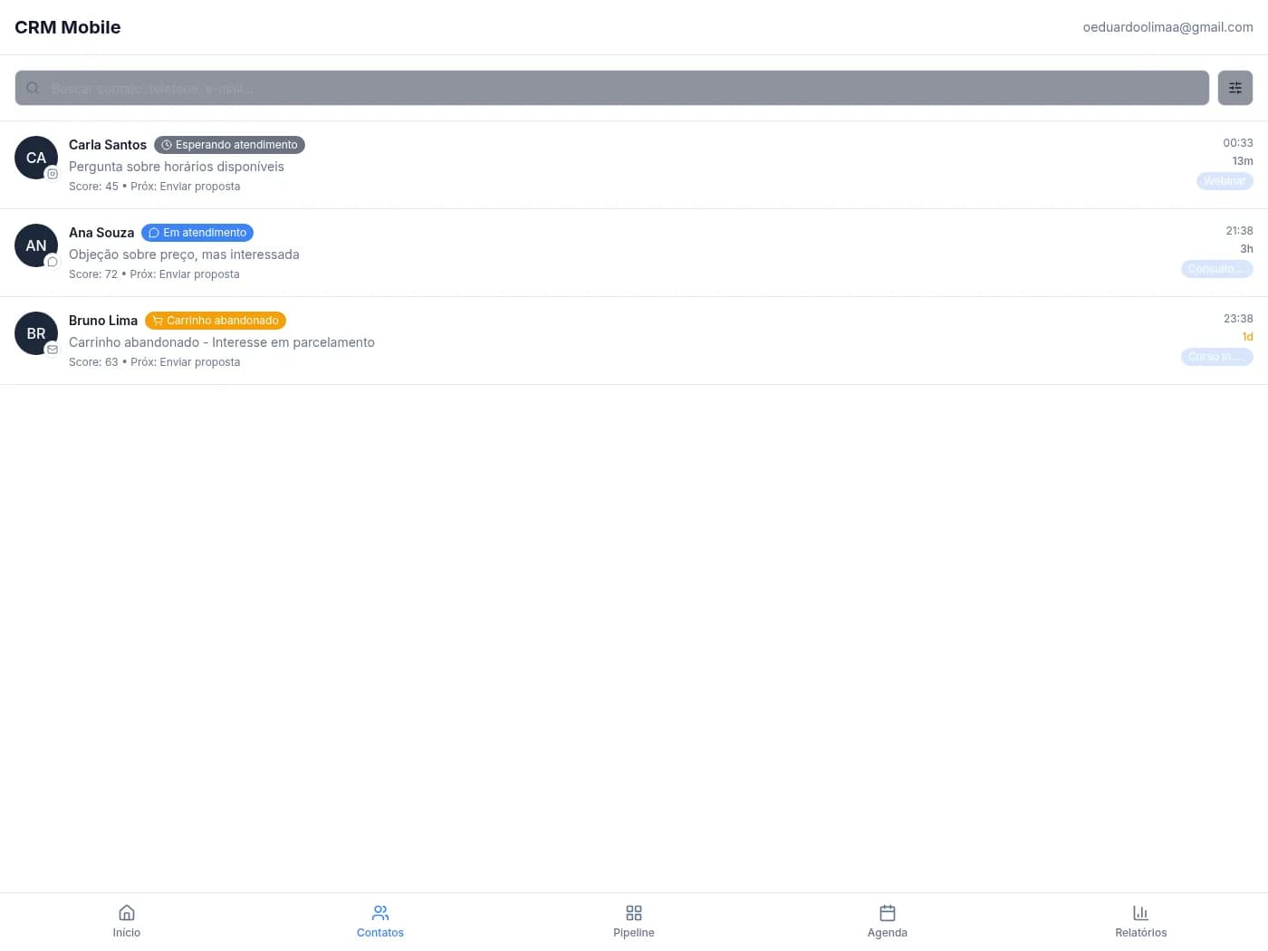 CRM Mobile-First Estilo Web WhatsApp com Pipeline Visual, Funis e Insights Acionáveis