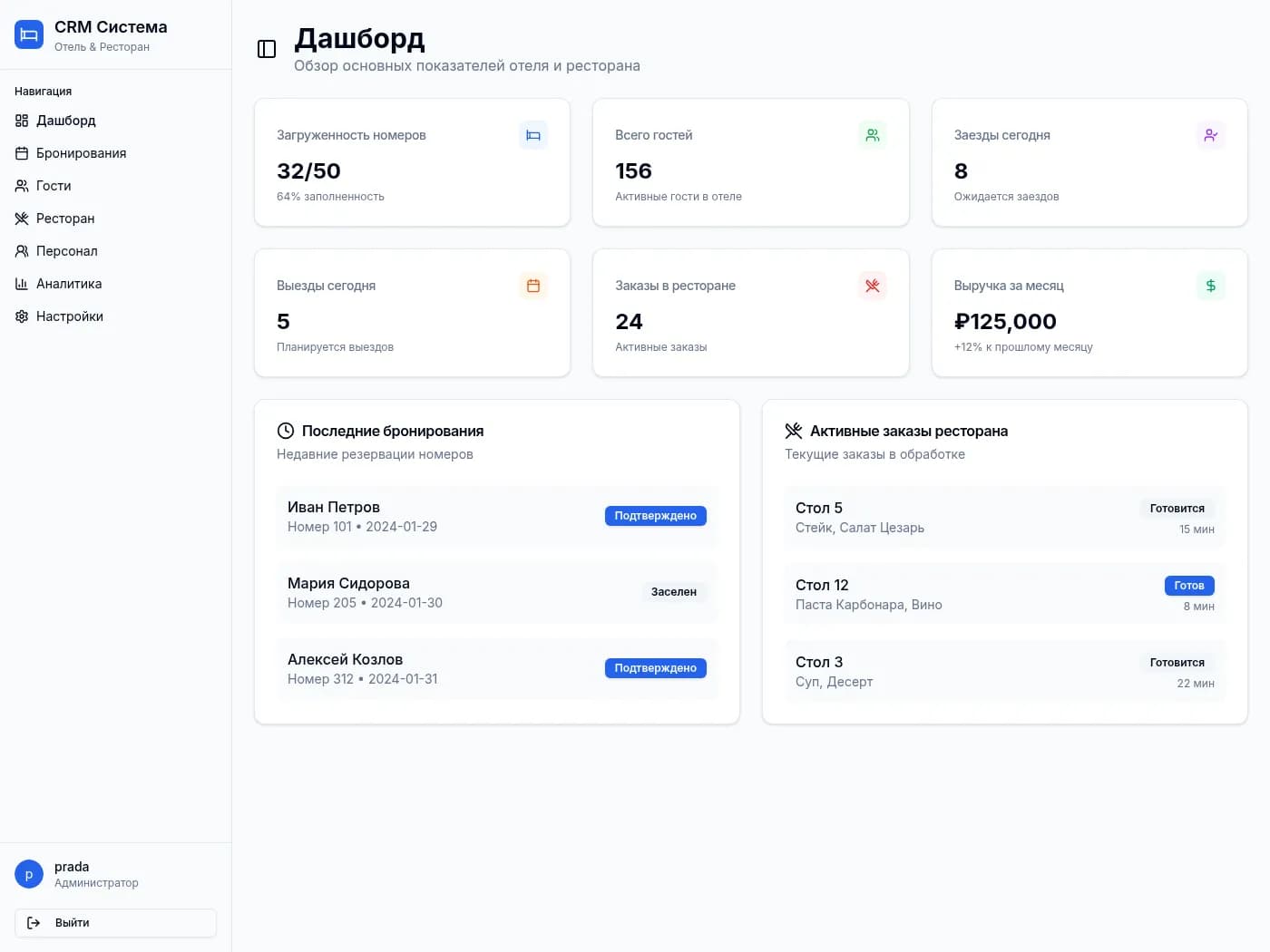 CRM система для управления отелем и рестораном