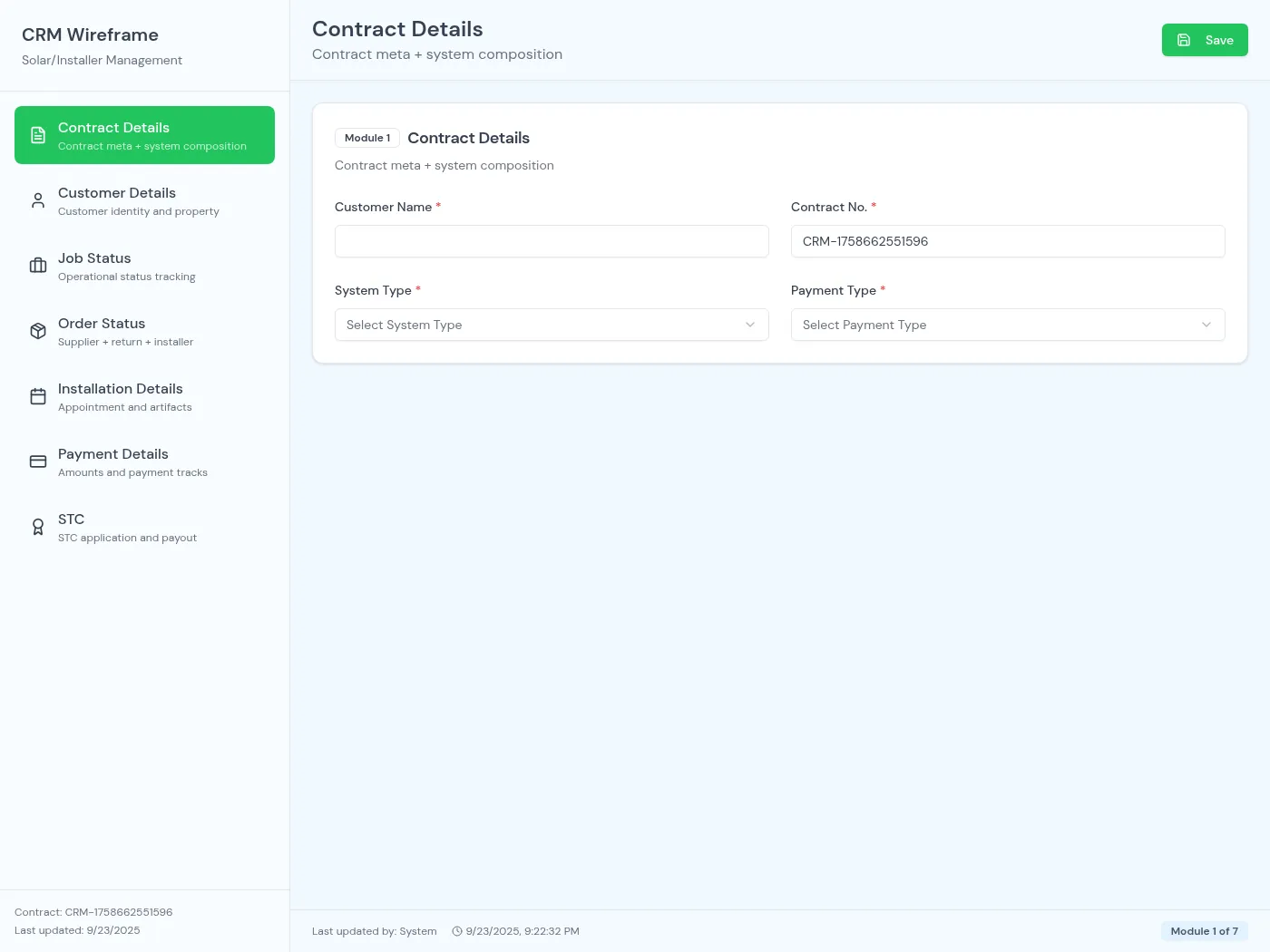 CRM Wireframe UI Spec (v1.0) – Multi-Module Form Engine for Solar/Installers