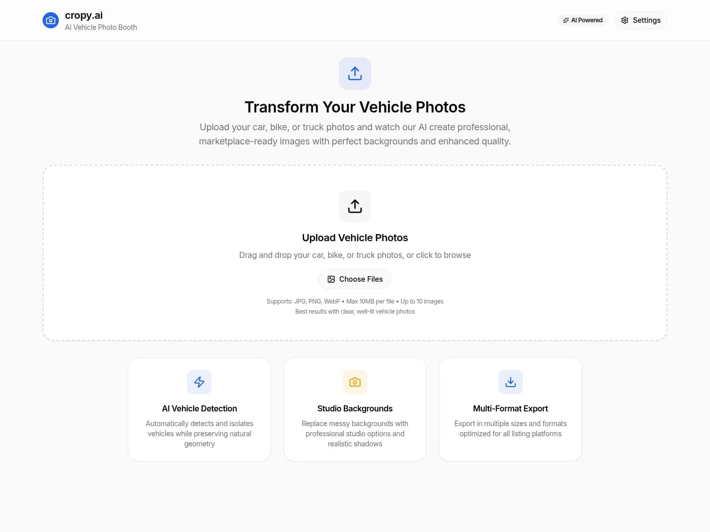 cropy.ai: AI Vehicle Photo Booth for Marketplace-Ready Images