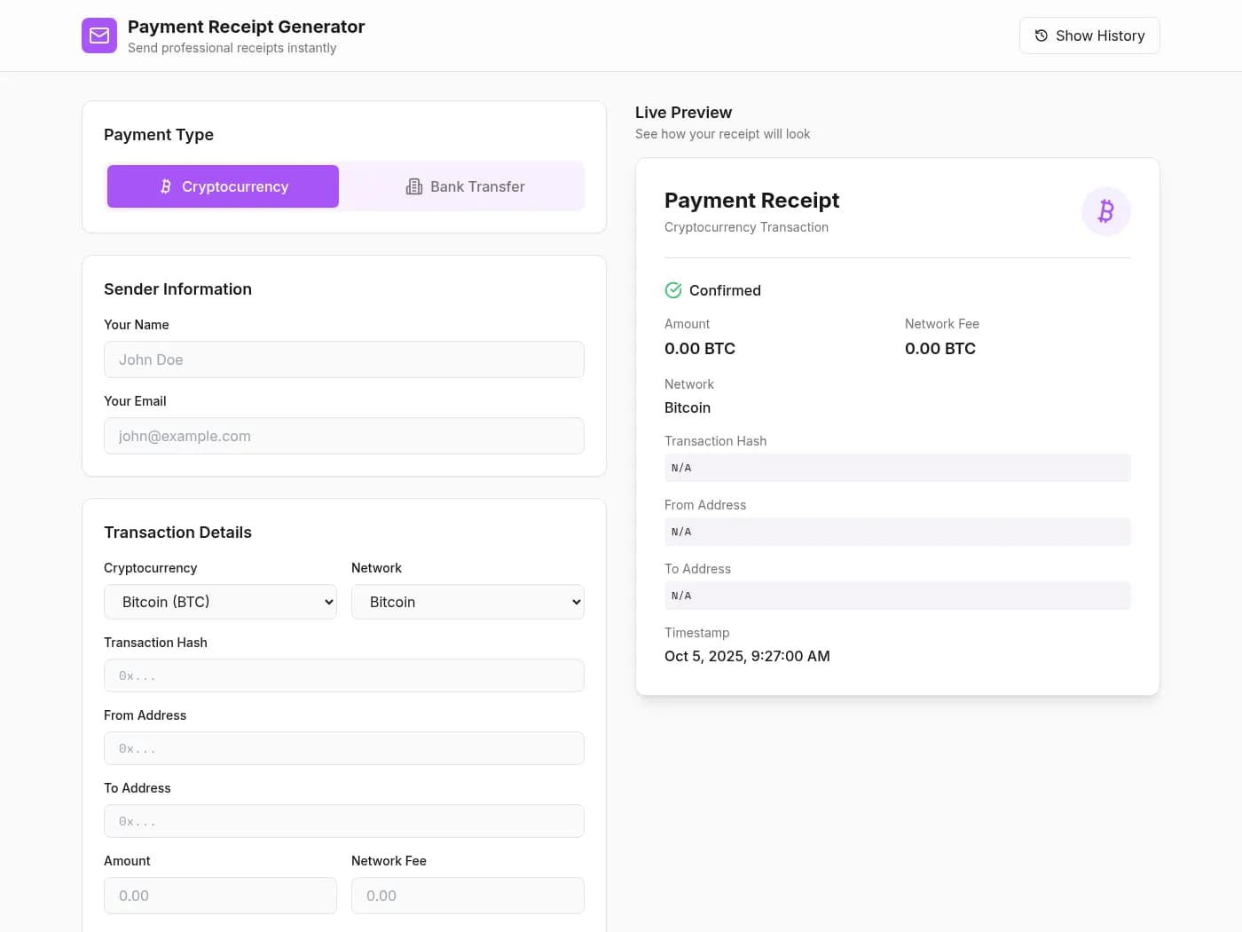 Crypto and Bank Payment Email Receipt Generator