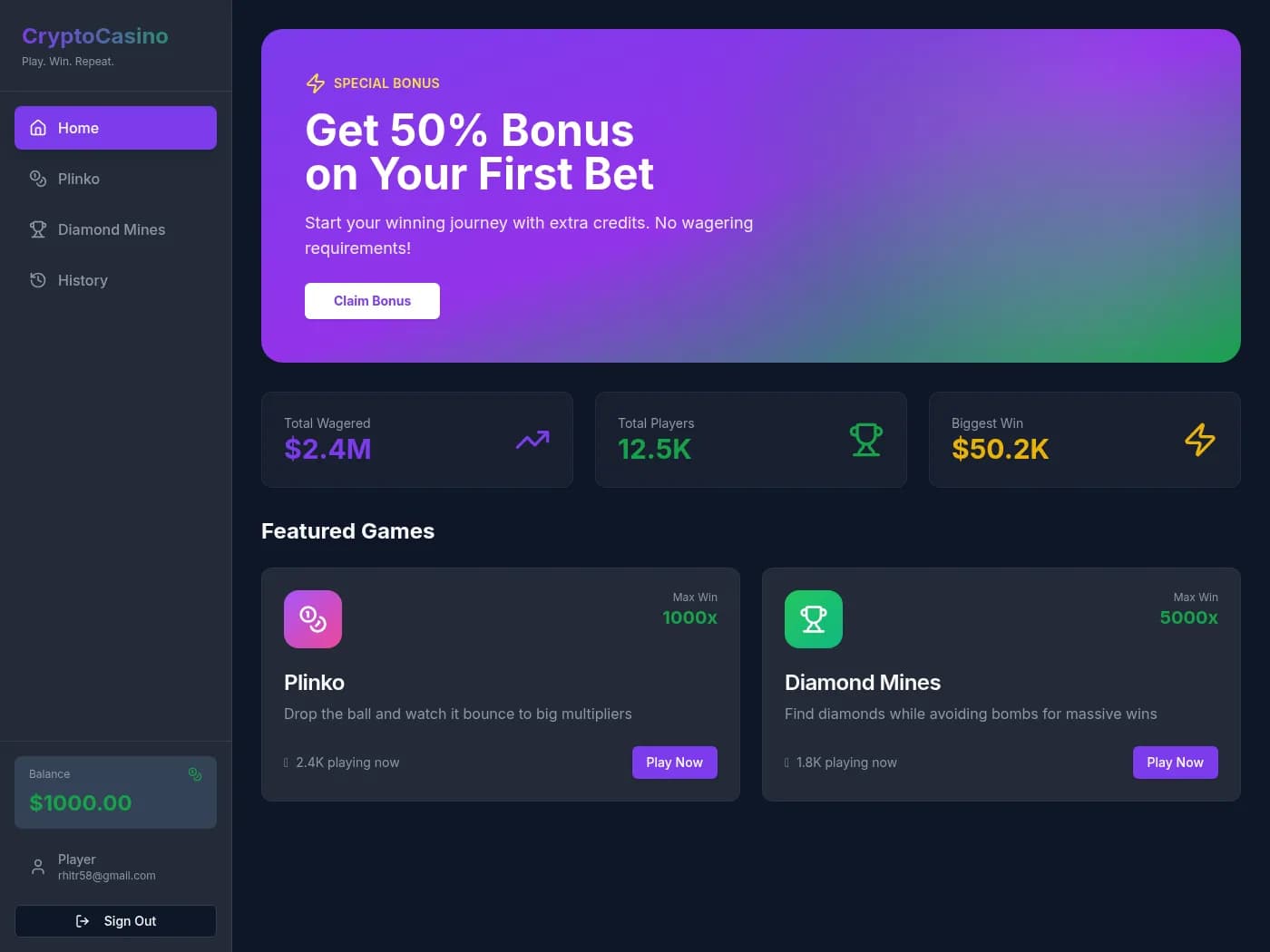 Crypto Casino Platform with Plinko & Diamond Game