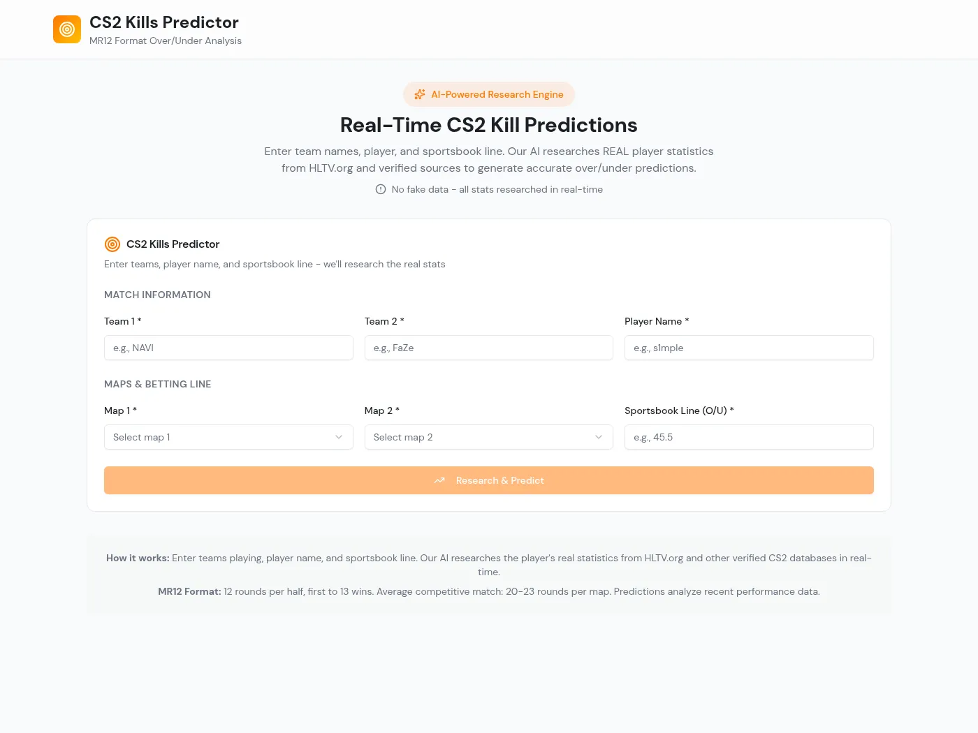CS2 Over/Under Kills Predictor for MR12 Format