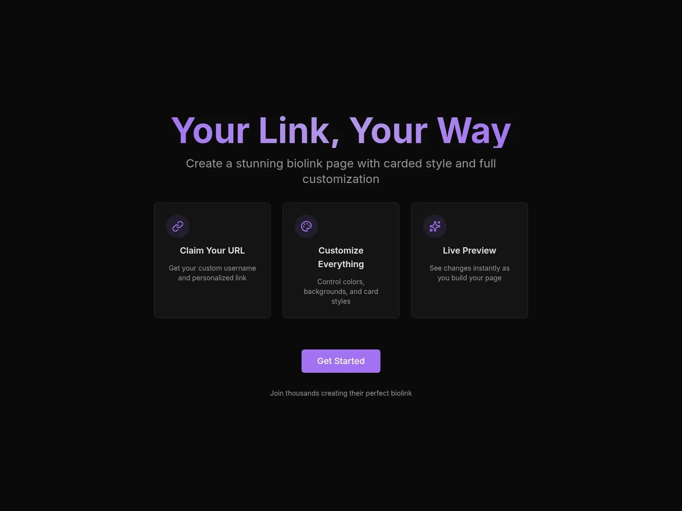 Customizable Biolink Dashboard with Carded Link Previews