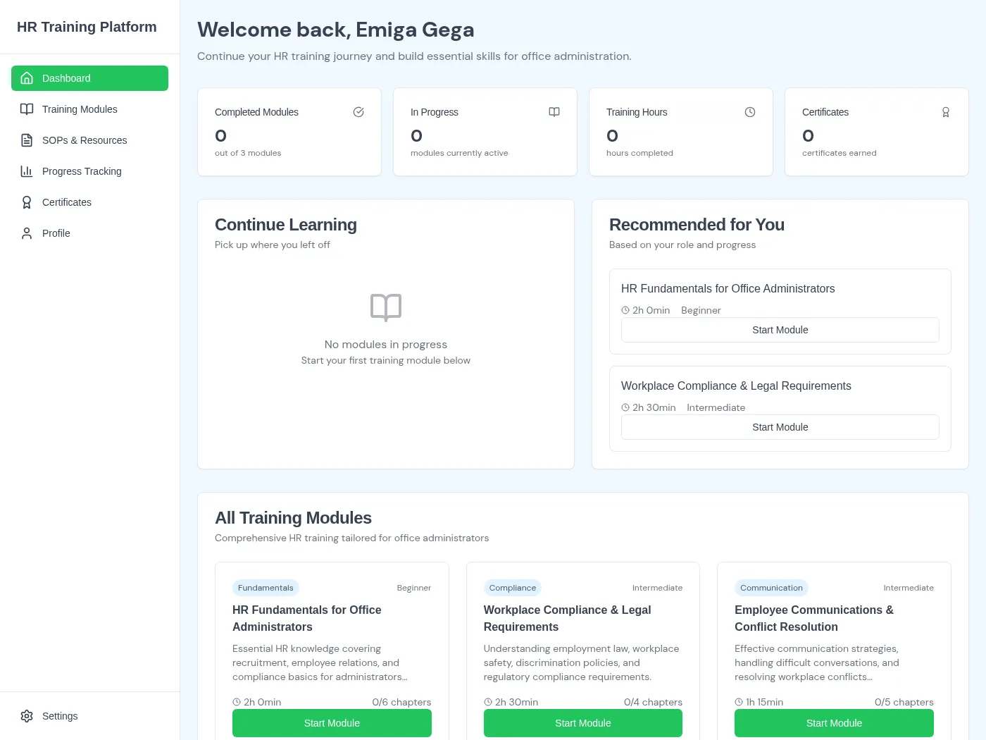 Customizable HR Training Platform for Office Administrators