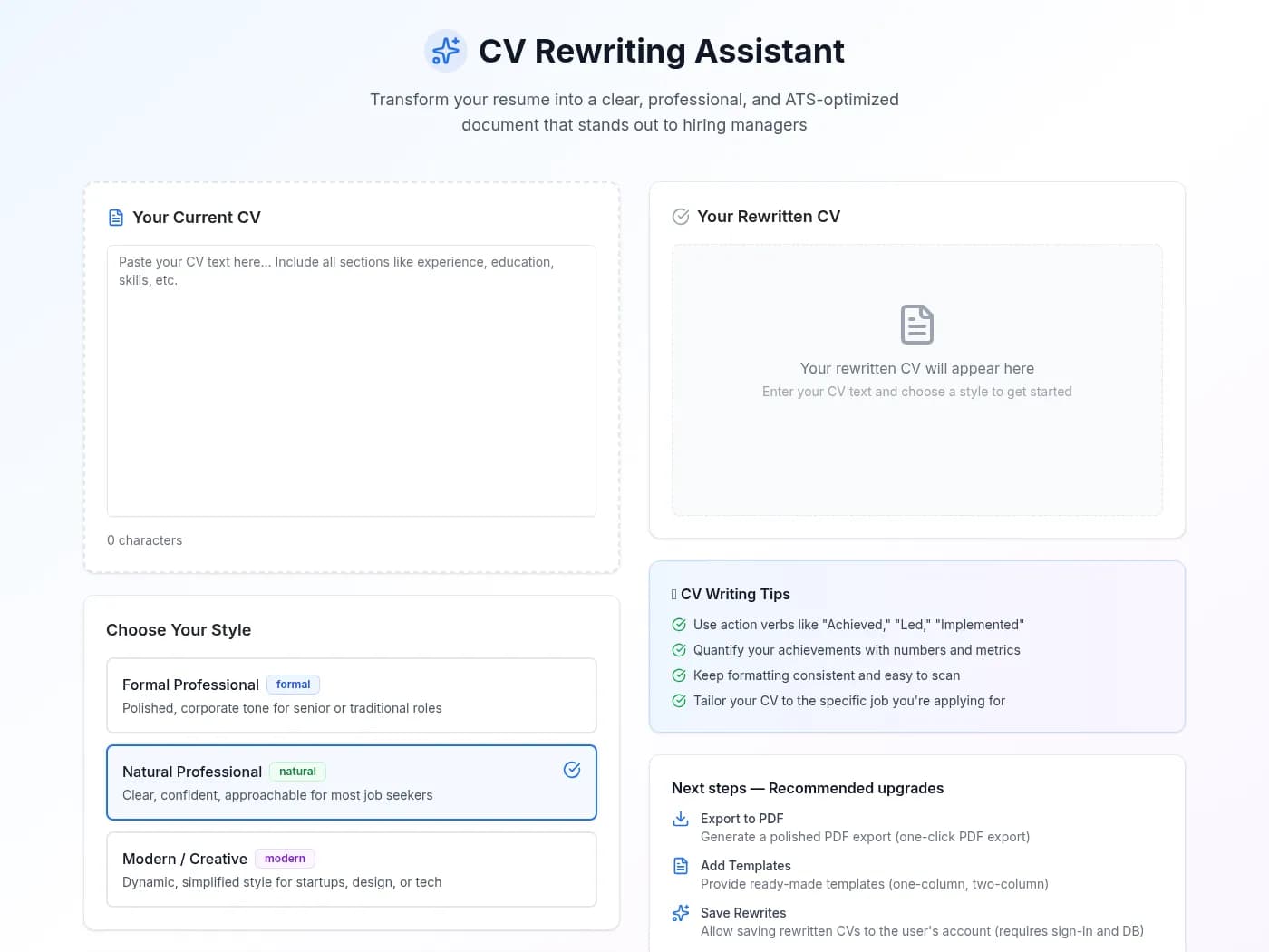 CV Rewriting Assistant for Professional and ATS-Optimized Resumes