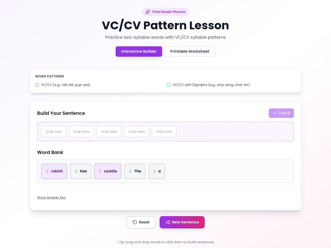 CV/VC Pattern Sentence Mixer for Third Grade Lessons
