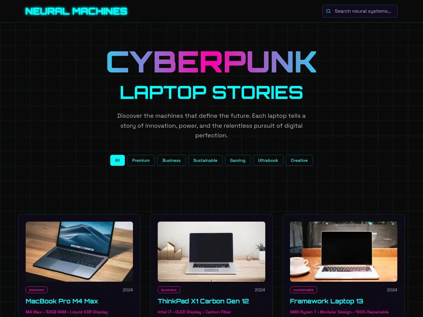 Cyberpunk Laptop Stories Website