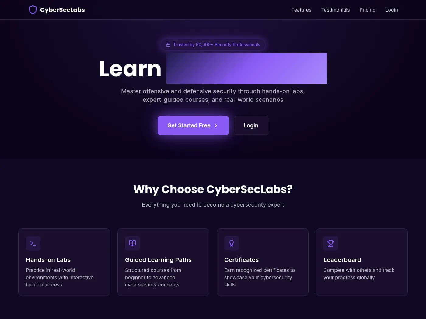 CyberSecLabs – Futuristic SaaS UI for Cybersecurity Training
