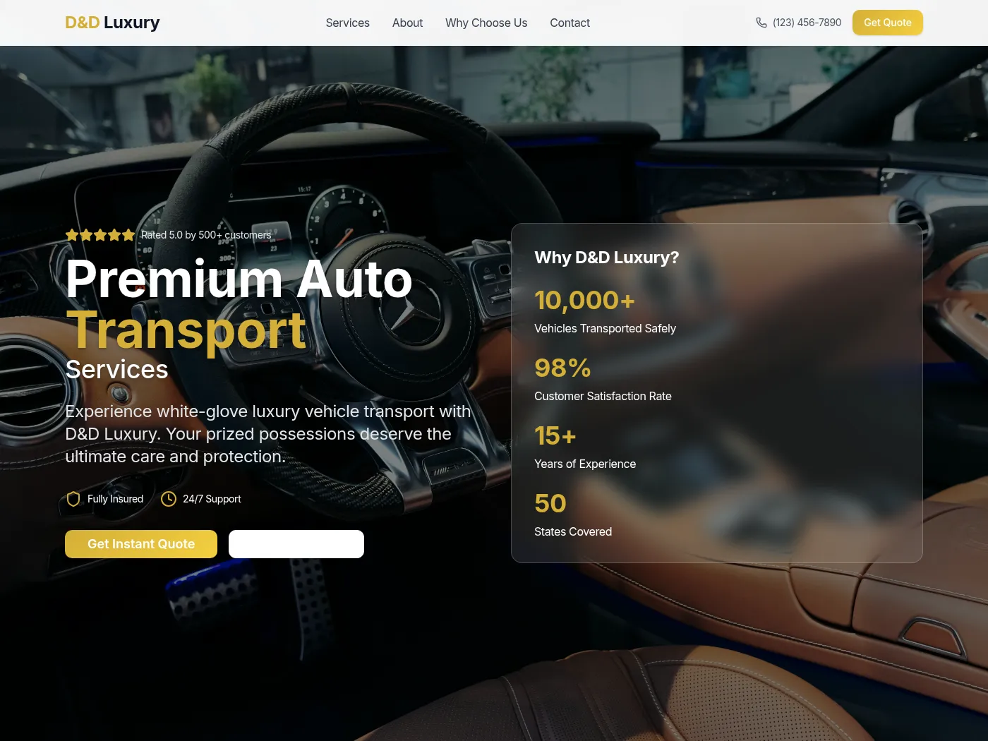 D&D Luxury Landing Page for Premium Auto Transport Services