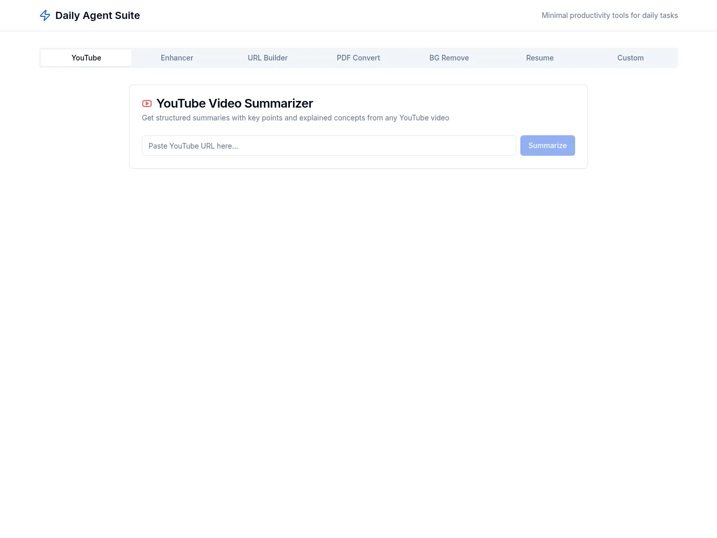 Daily Agent Suite: Minimal Tabbed Productivity Tools & Custom Workflow Builder