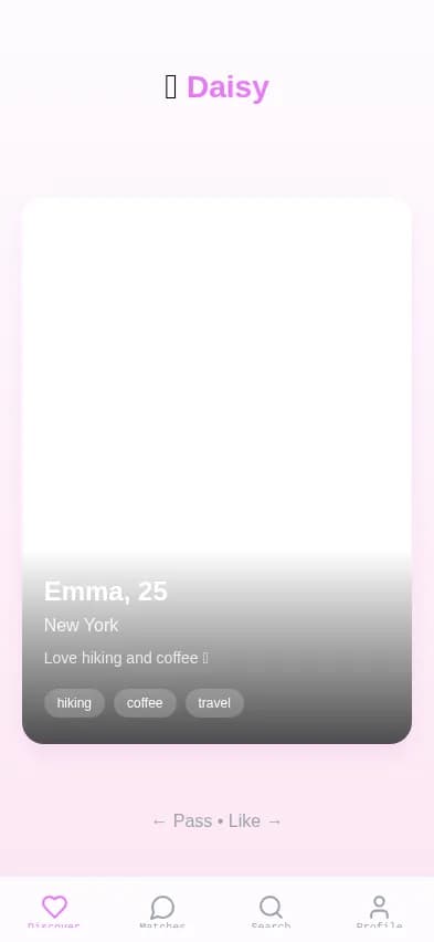 Daisy – Minimal Mobile Dating App with Swipe & Chat
