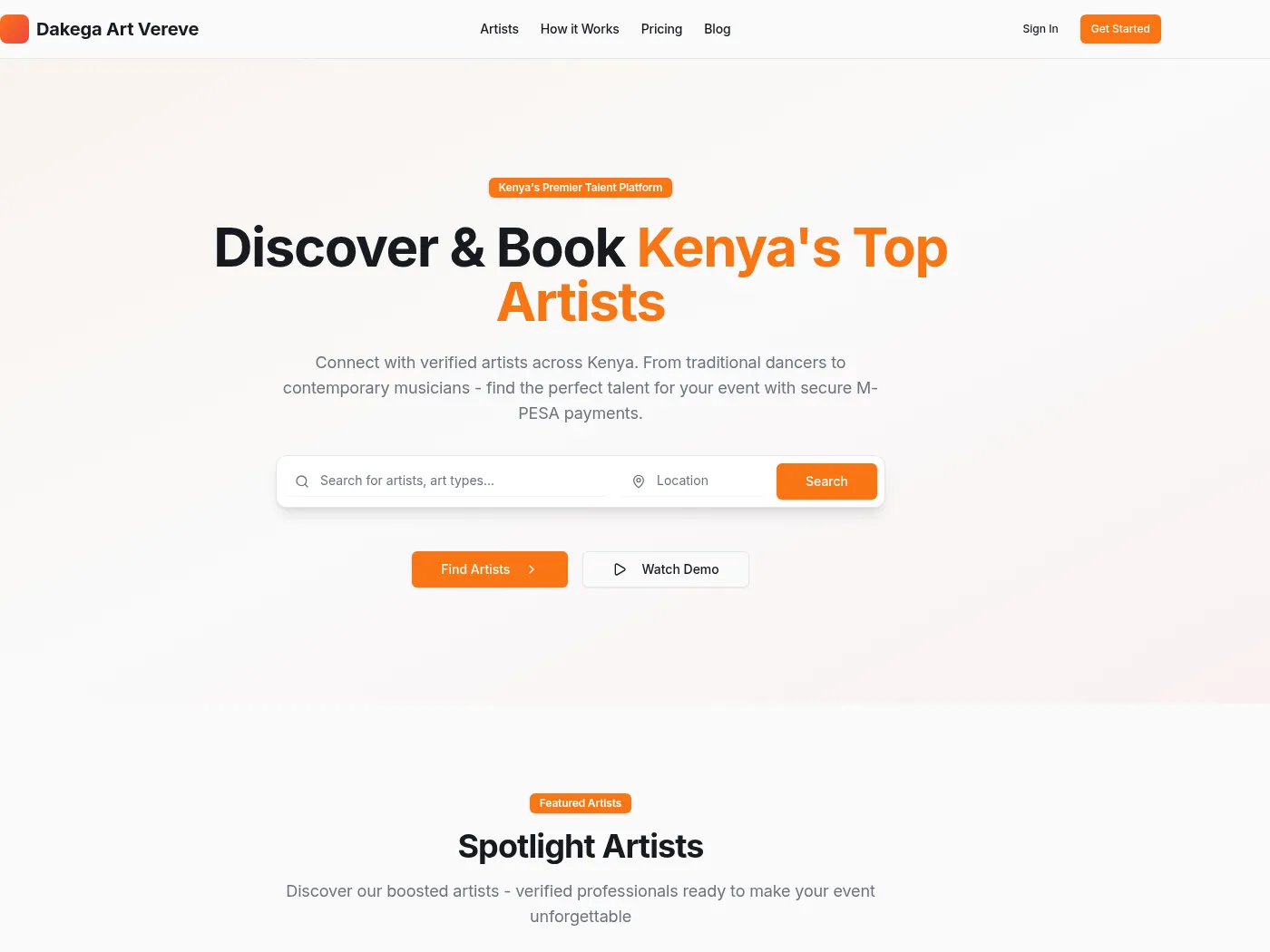 Dakega Art Vereve Talent Discovery & Booking System