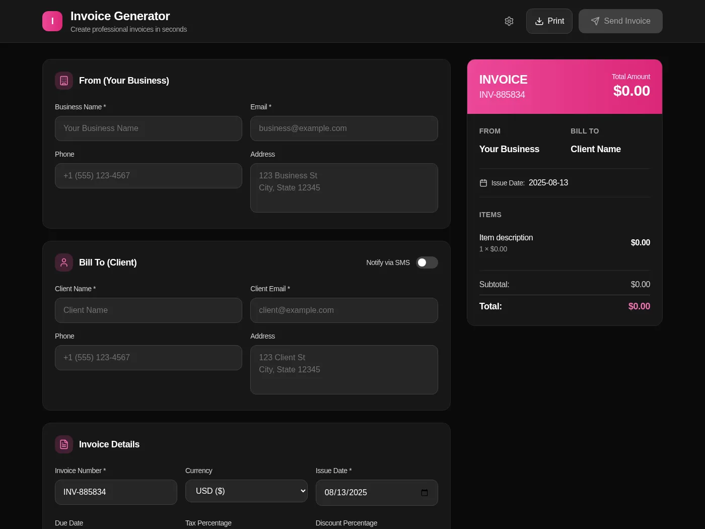 Wise-Inspired Dark Invoice Generator with Email & SMS Send