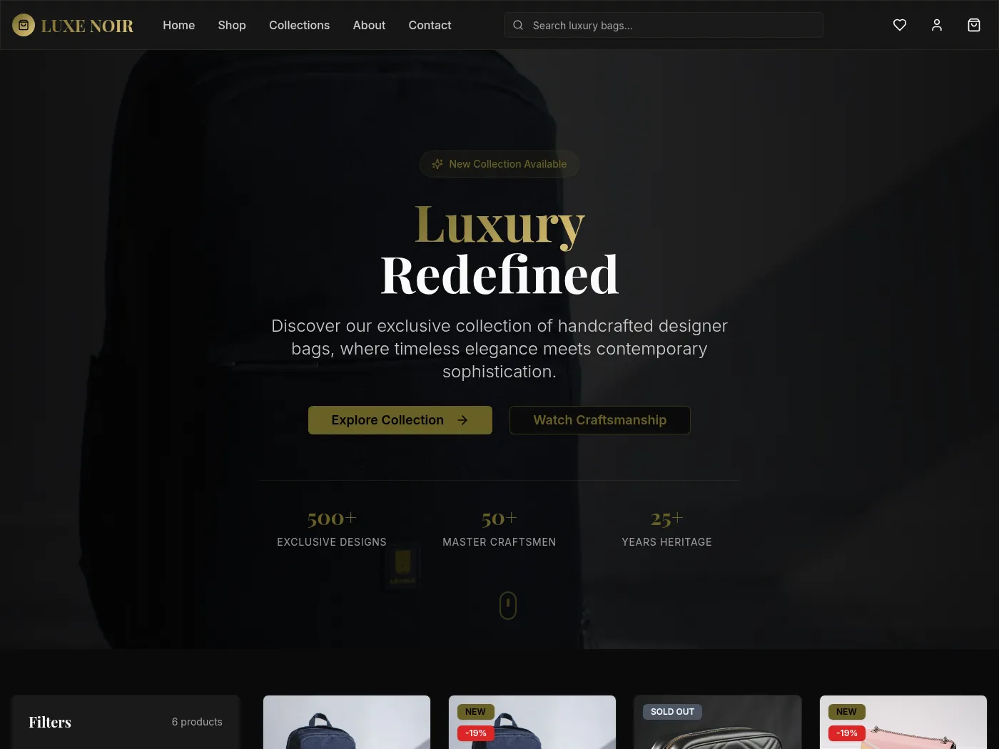 Dark-Themed Designer Bag E-Commerce Website