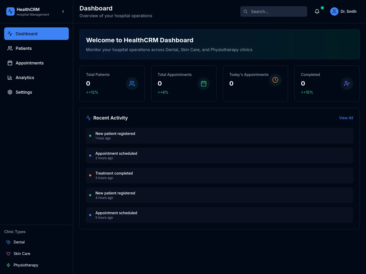 Dark Themed Animated Hospital CRM for Dental, Skin, and Physiotherapy Clinics
