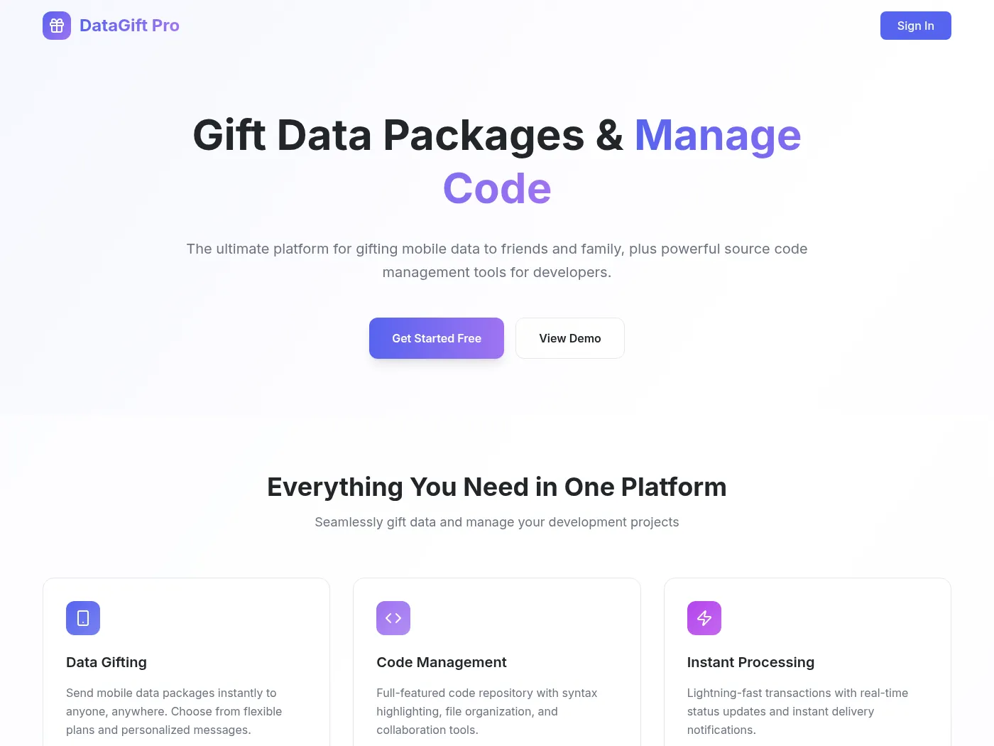 Data Gifting Platform with Source Code Management