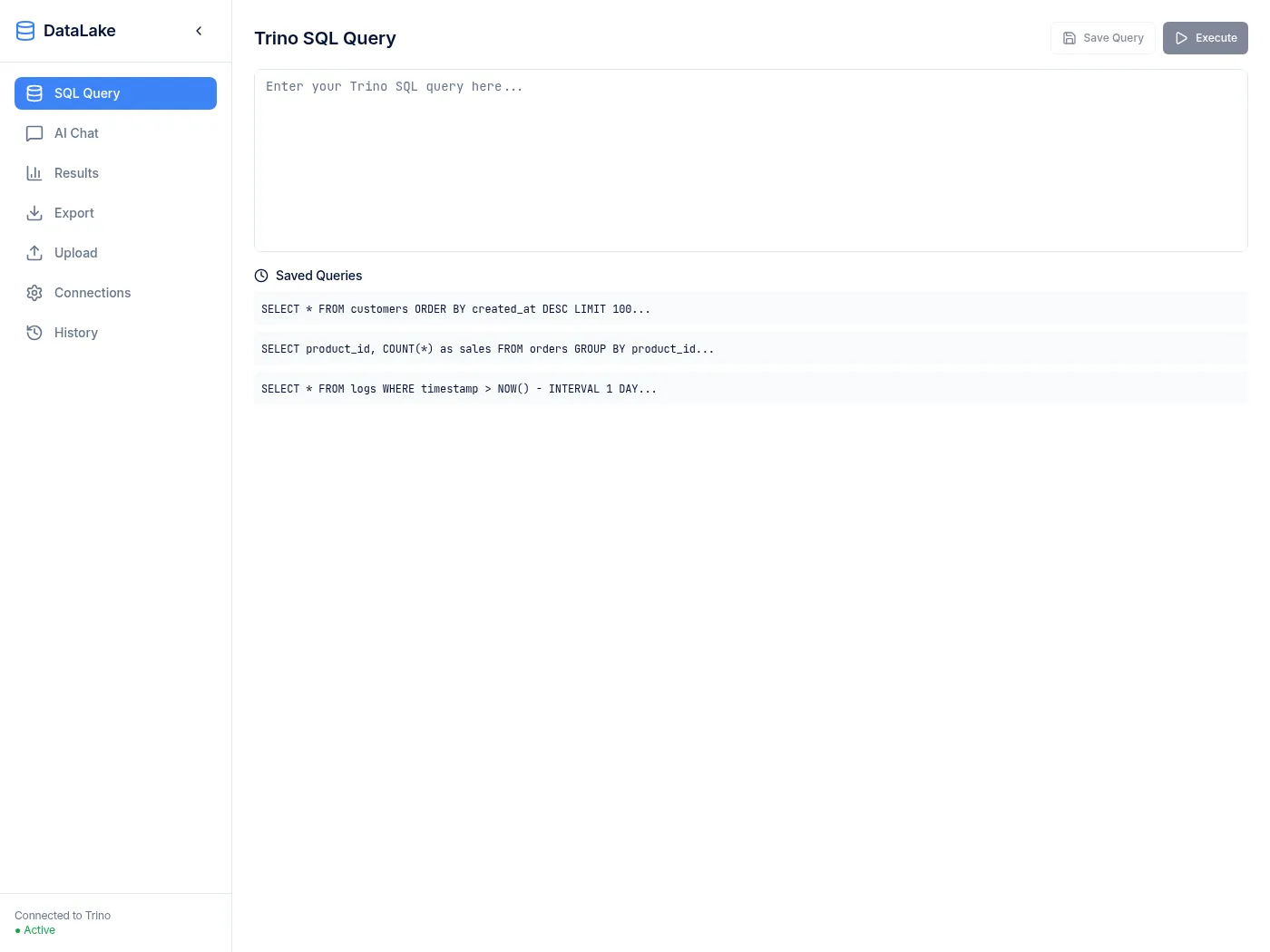 Data Lake Web Frontend for Querying, AI, and Data Export