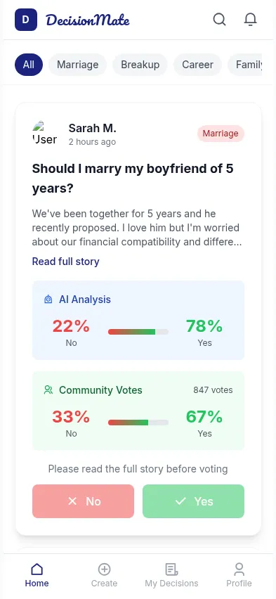 DecisionMate: AI-Powered Relationship Decision & Community Voting App