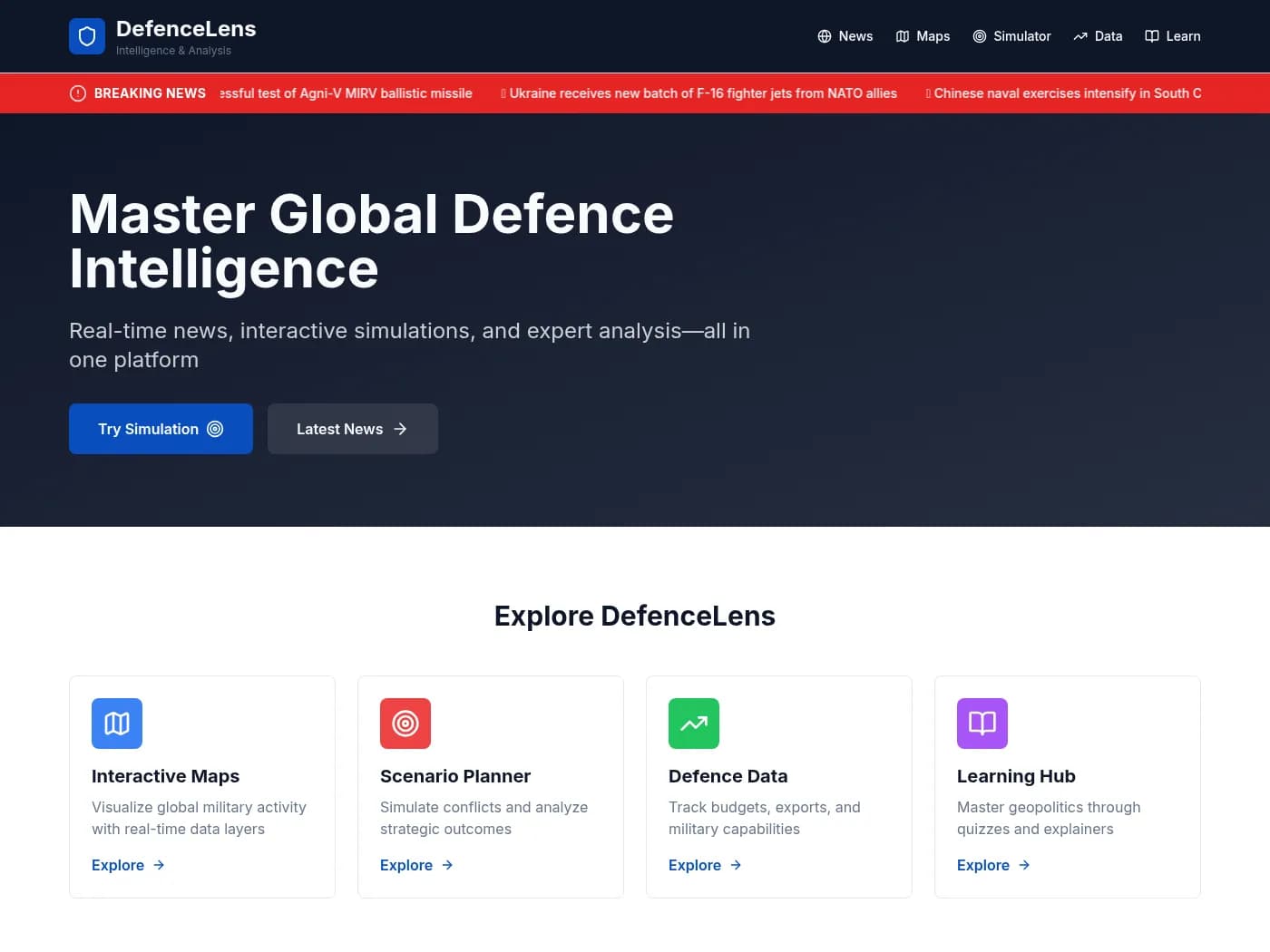 DefenceLens: Real-Time Defence News & Interactive Simulations Platform