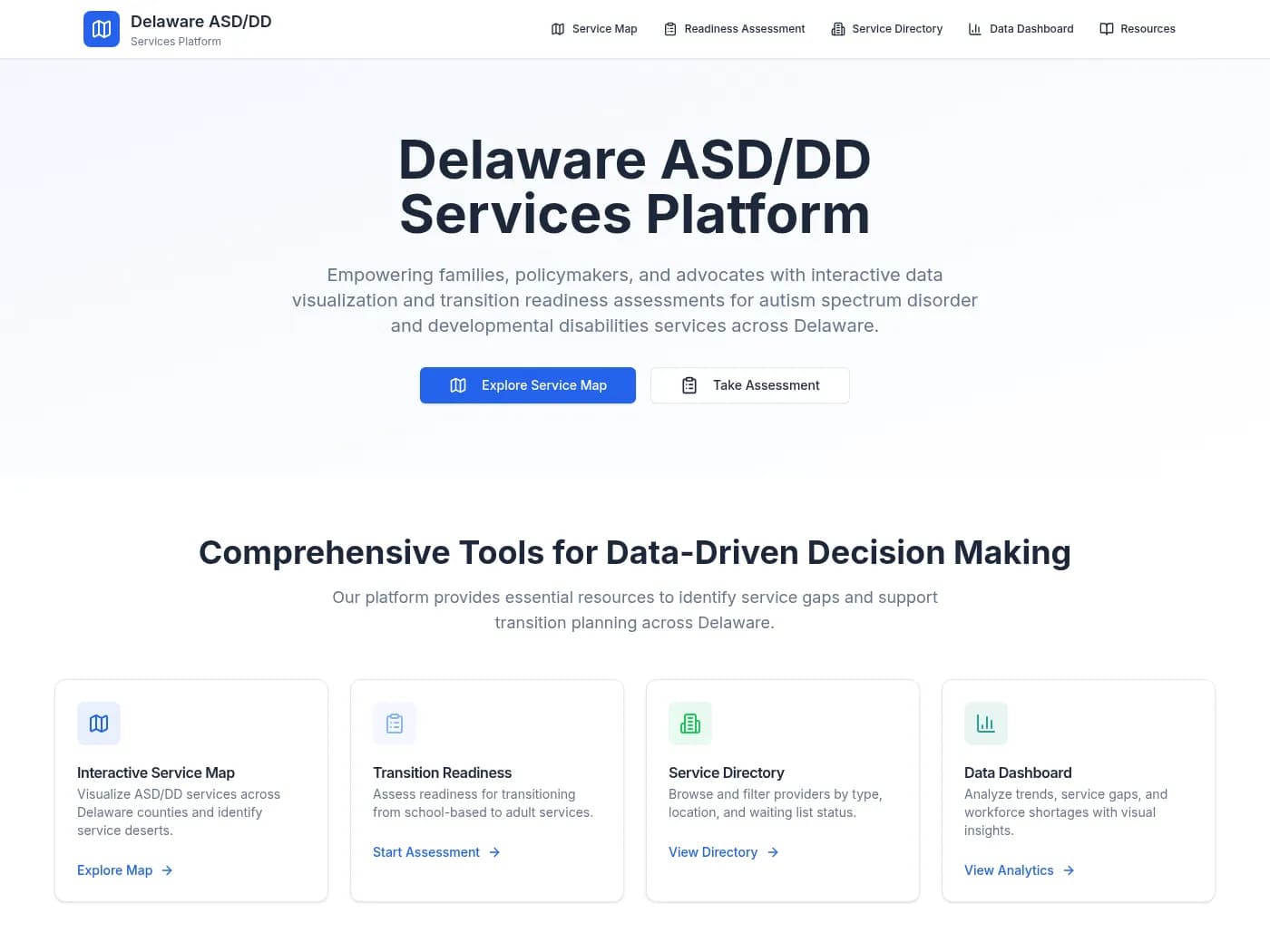 Delaware ASD/DD Services Interactive Map and Transition Readiness Platform