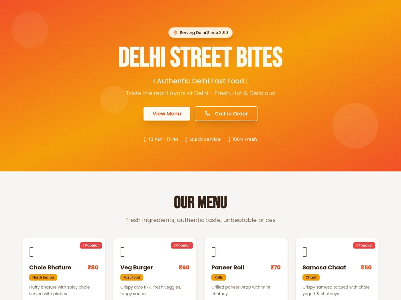Delhi Fast Food Store Landing Page