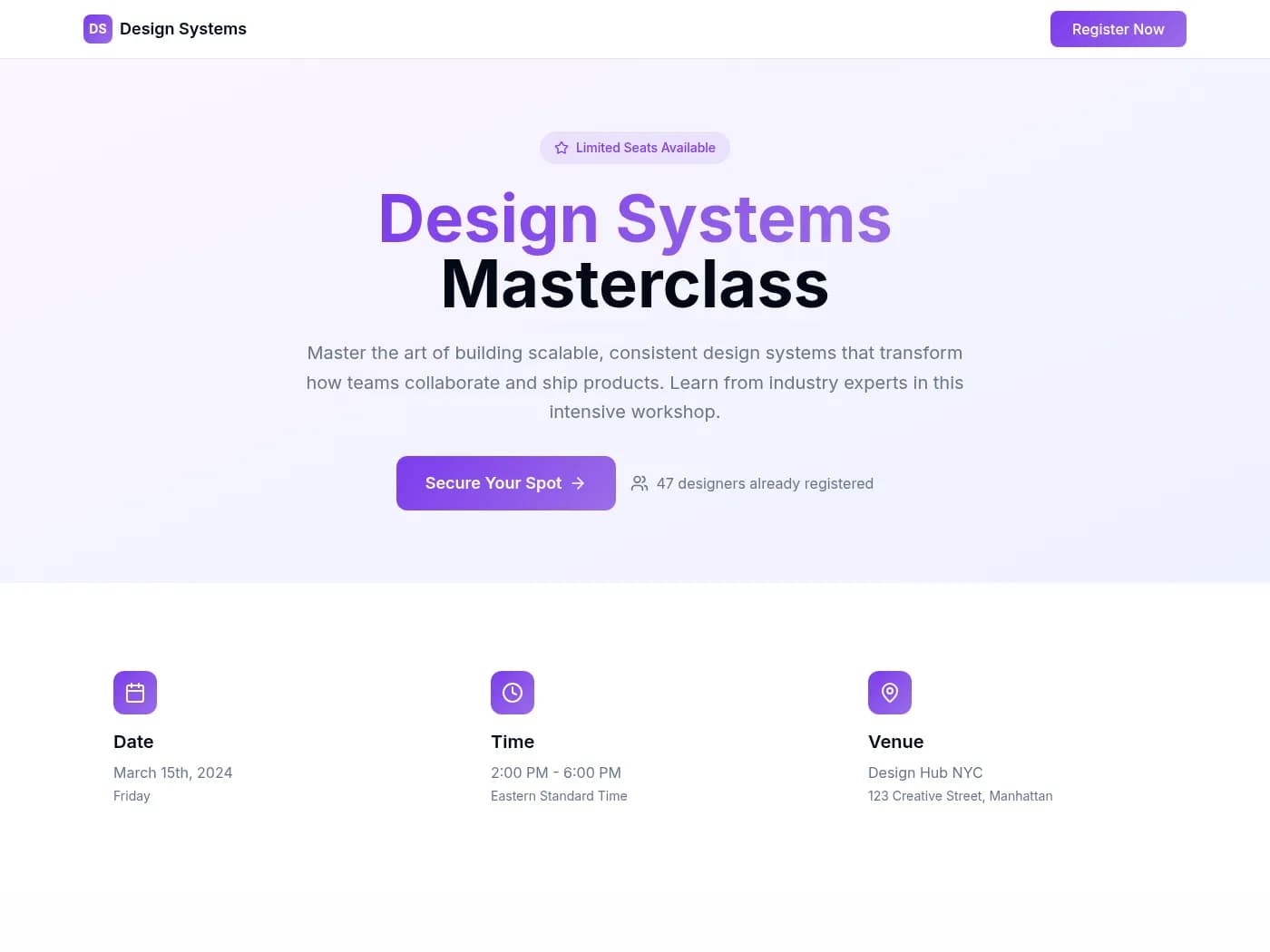 Design Systems Masterclass Event Landing Page