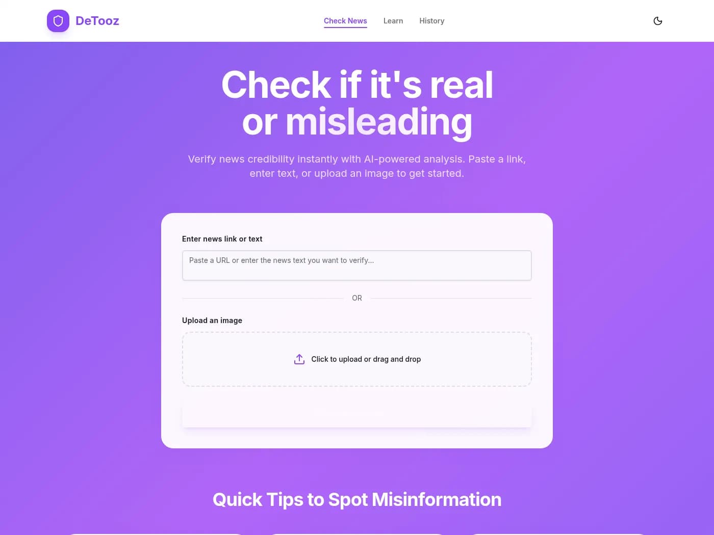 DeTooz: PWA for News Credibility Detection with Modern Glassmorphic UI