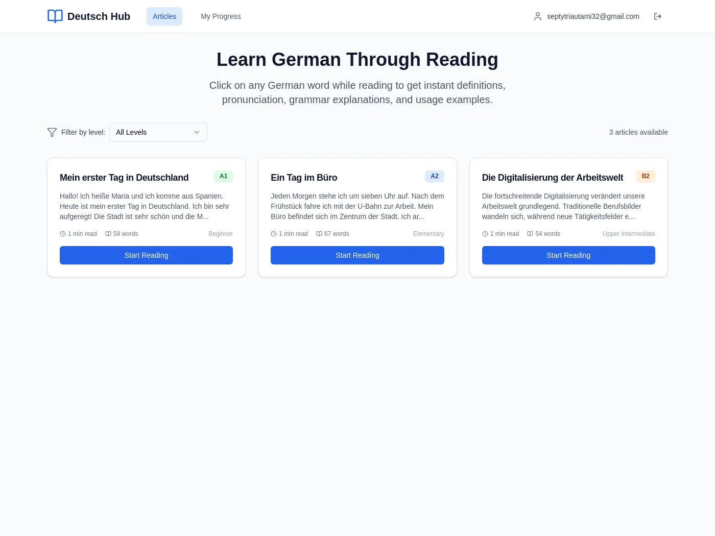 Deutsch Learning Hub: Interactive Reading & Listening Web App