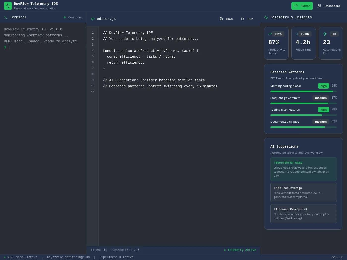 DevFlow Telemetry IDE: Personal Workflow Automation Terminal