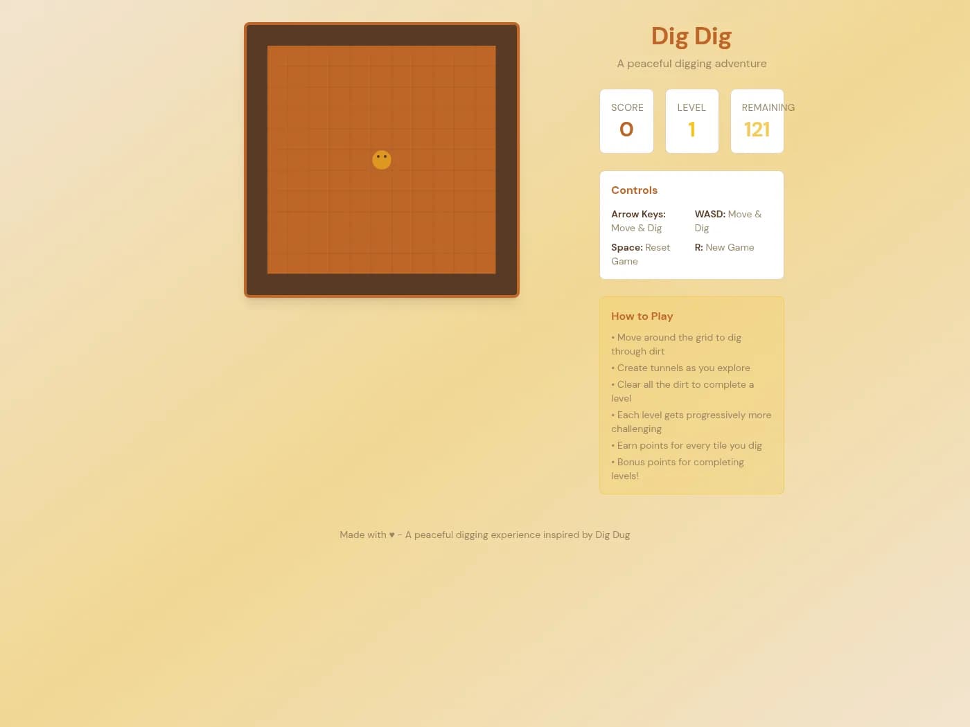Dig Dug-Inspired Tunnel Game Without Enemies