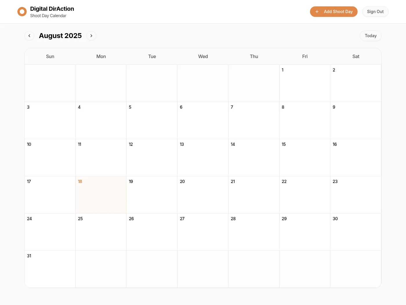 Digital DirAction Shoot Day Calendar