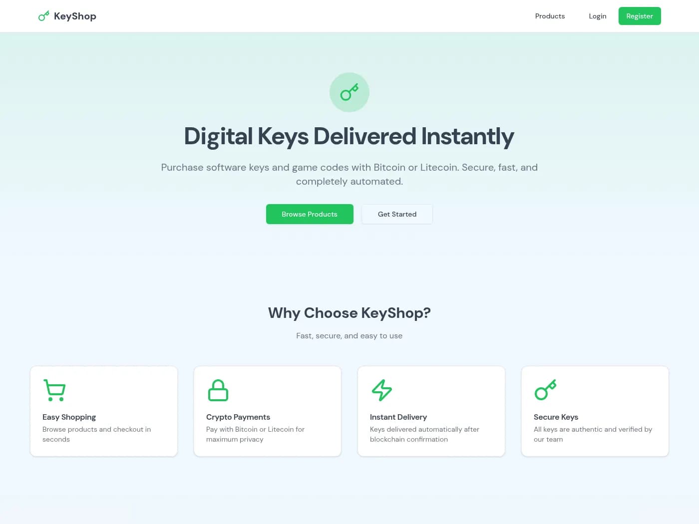 Digital Key Webshop for Bitcoin & Litecoin Payments
