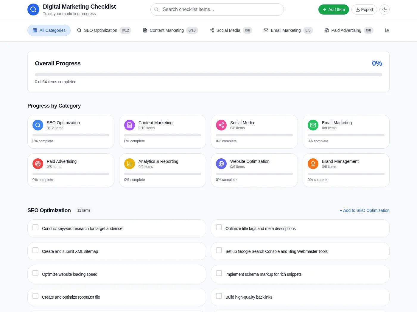 Digital Marketing Master Checklist Web App