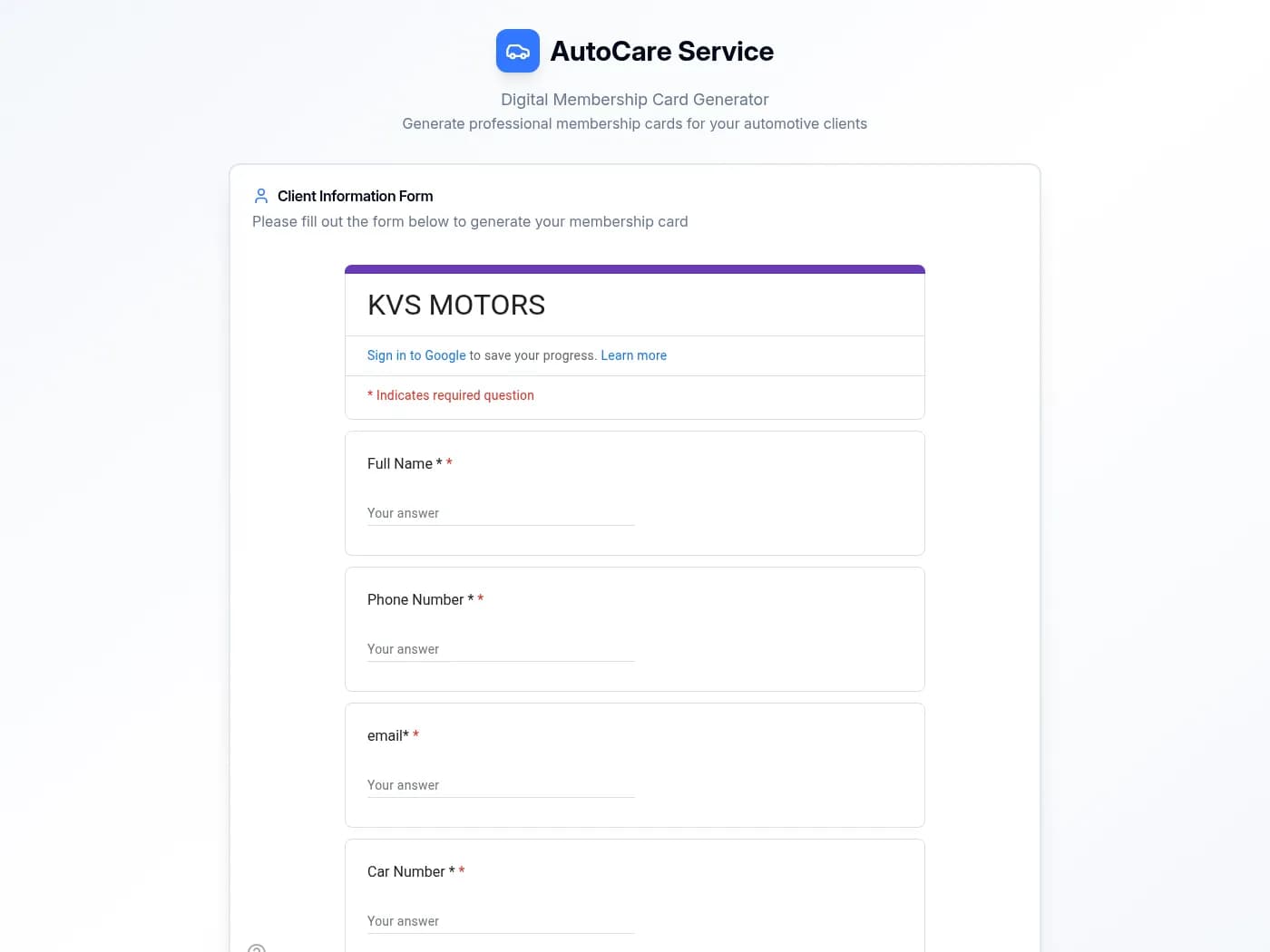 Digital Membership Card Generator for Automotive Clients