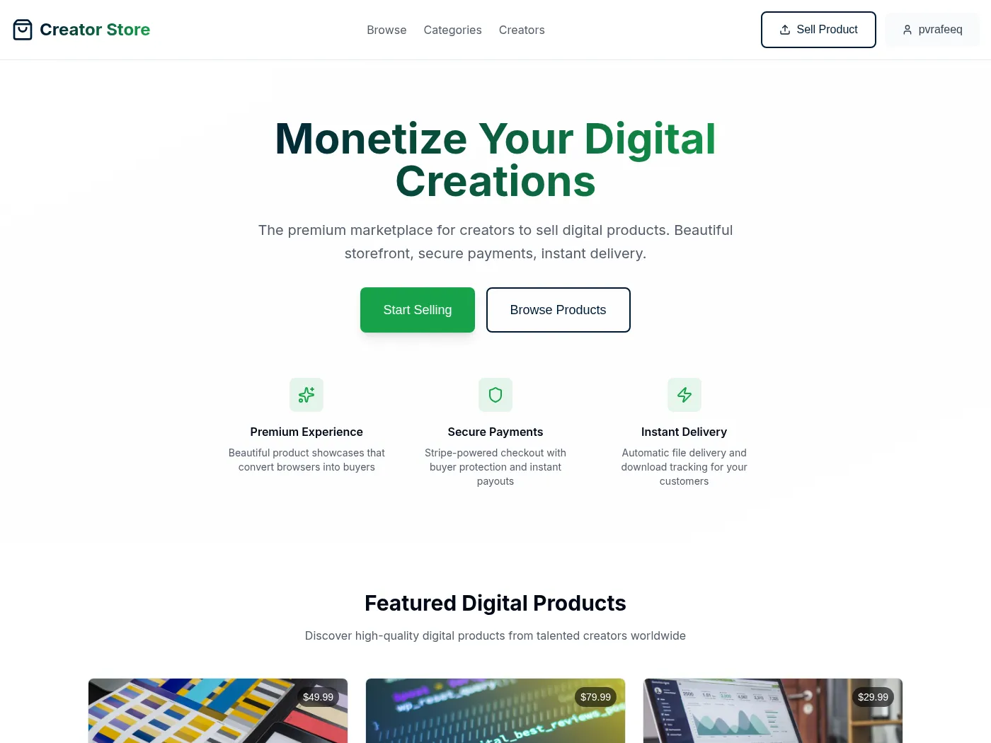 Creator-Focused Digital Product Storefront