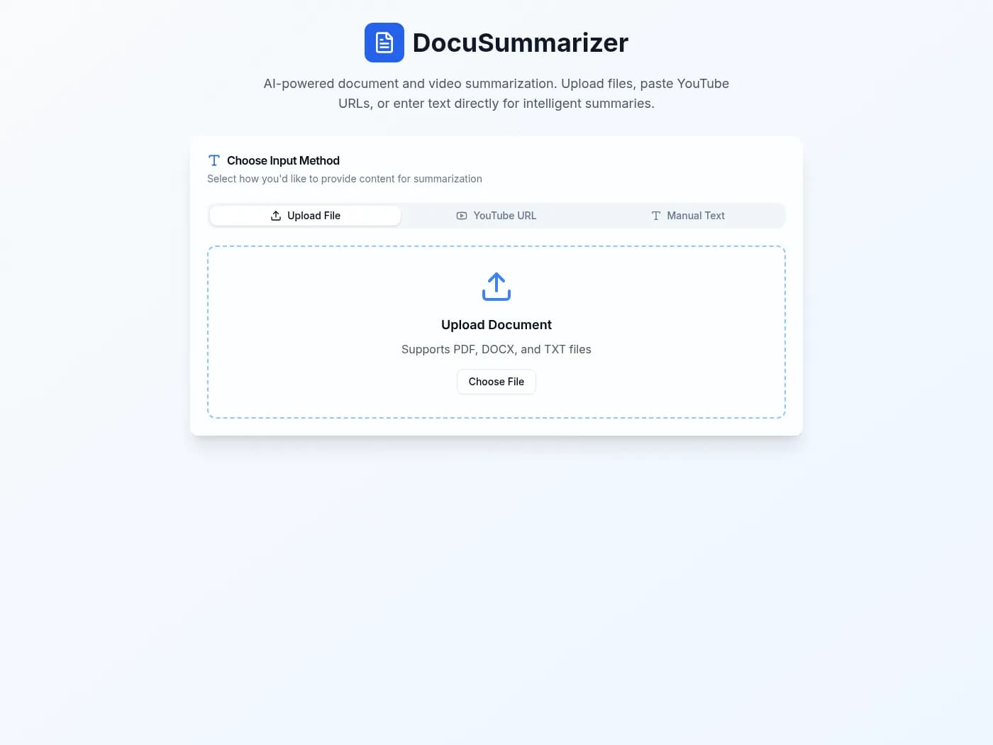 DocuSummarizer: Multi-Format Document & YouTube Summarization App