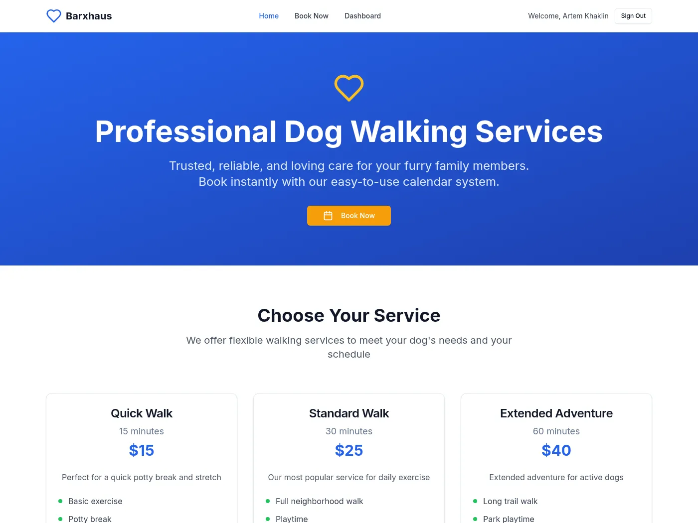 Dog Walking Reservation Platform with Calendar, QR Code, and Account Management