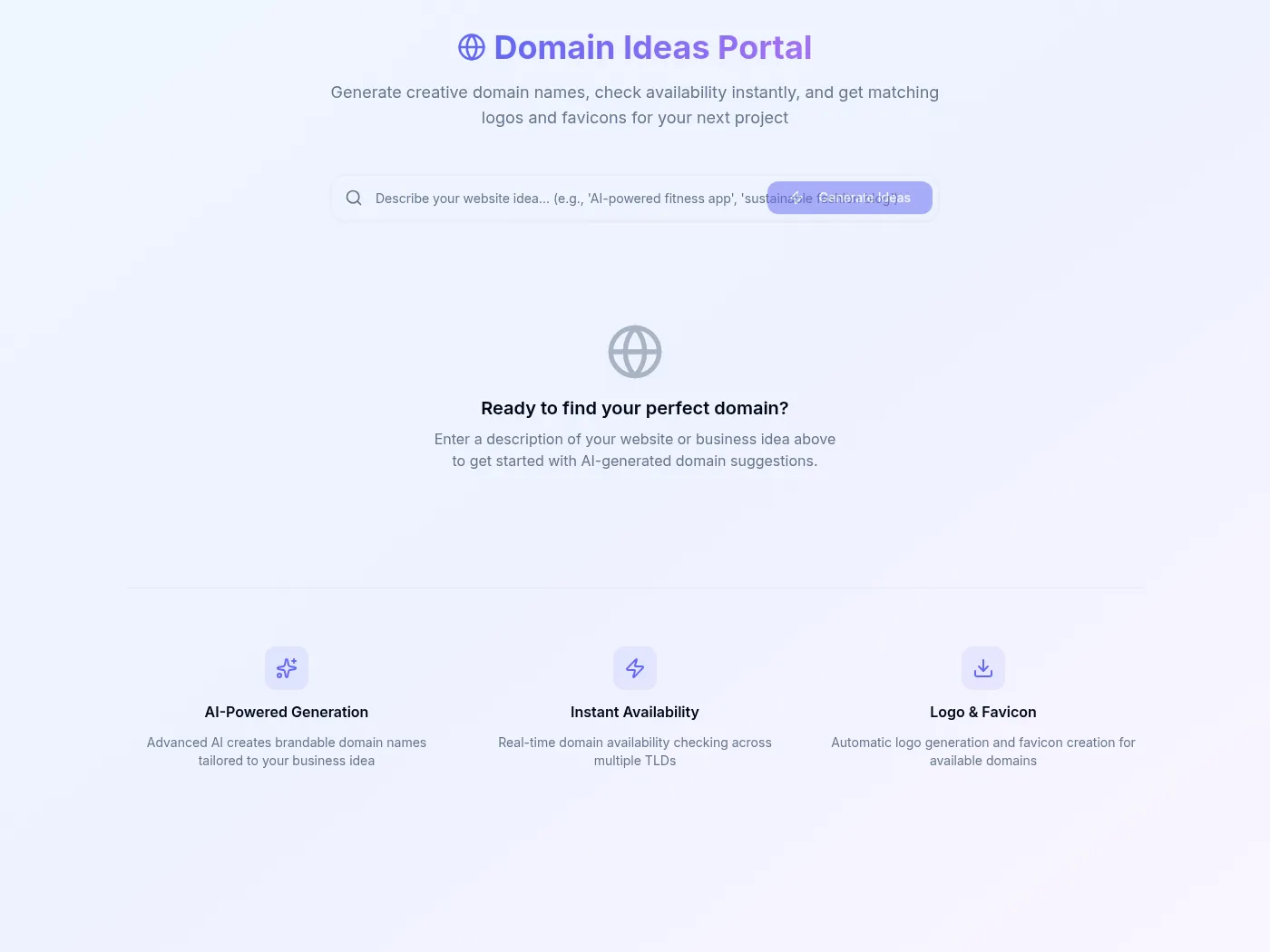 Domain Name Ideas Portal with Instant Availability & Logo Generator