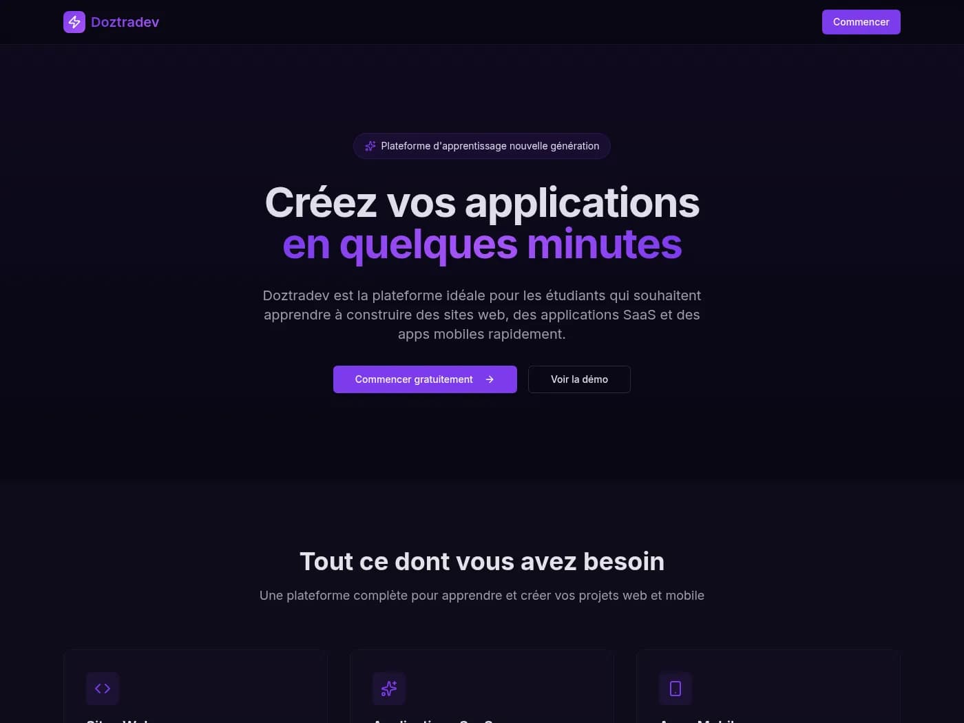 Doztradev – Mini Platform for Rapid Web, SaaS & Mobile App Launch Training (French, Unique UI/UX)