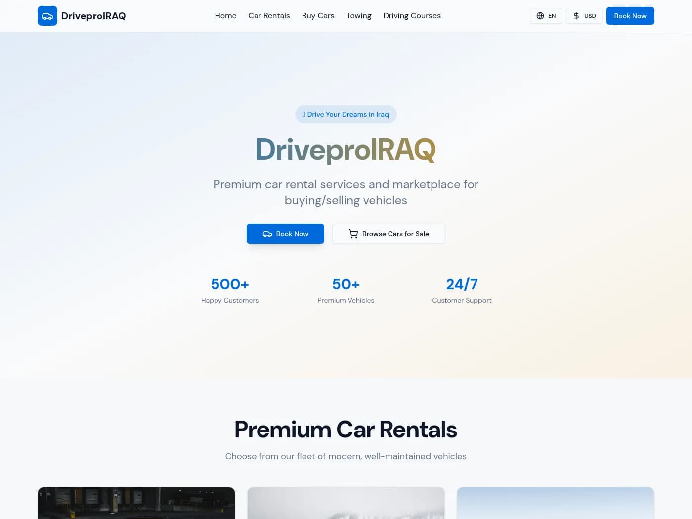 DriveproIRAQ Multilingual Car Rental & Marketplace Platform