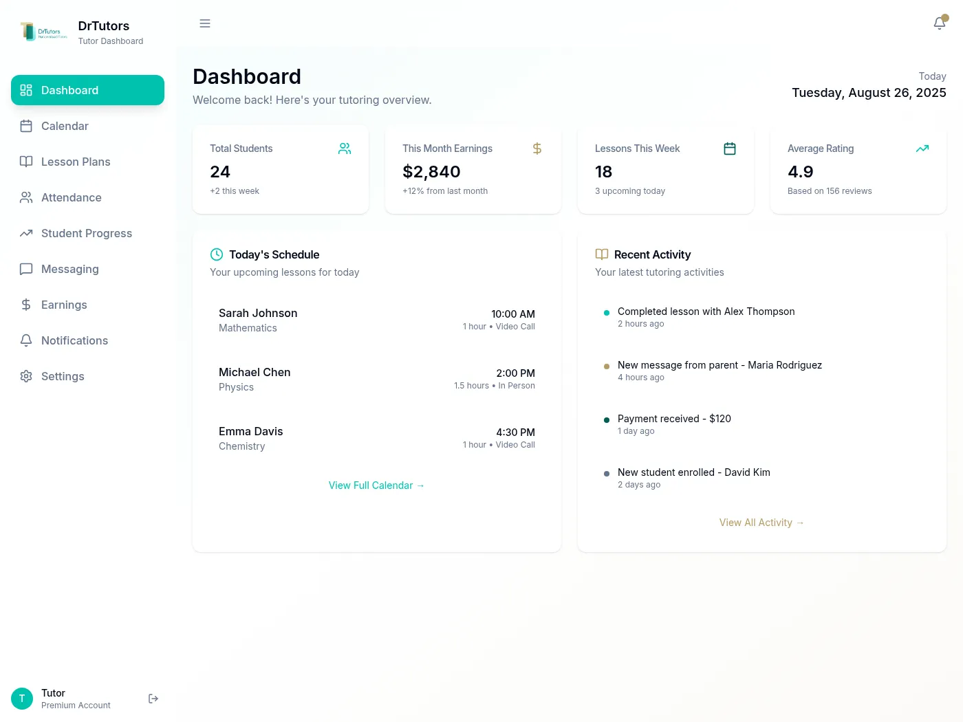 Tutors Dashboard for DrTutors – Premium Web App