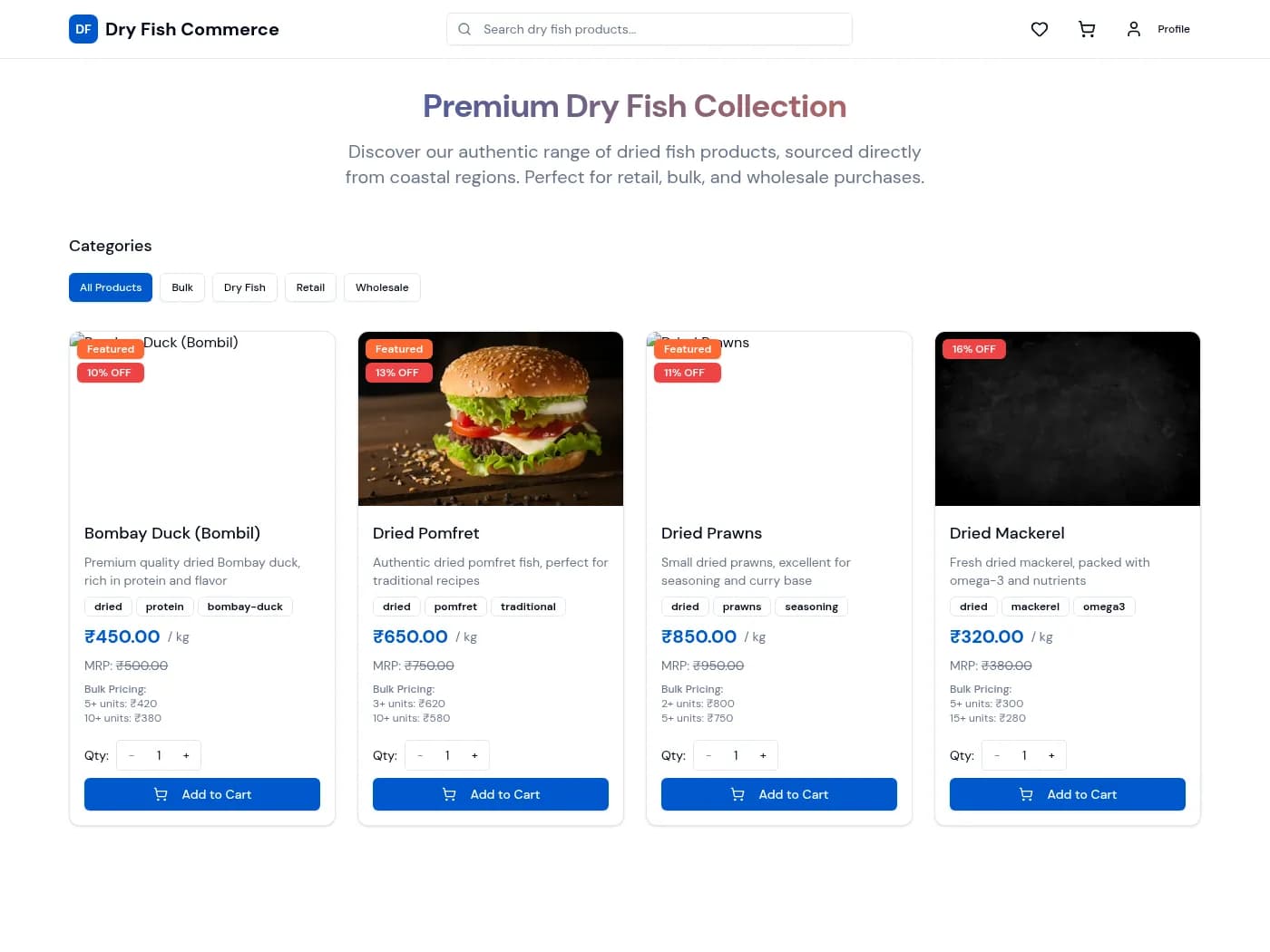 Dry Fish Commerce Suite: Web Store, Admin Dashboard, and Mobile App for Multi-tier Sales