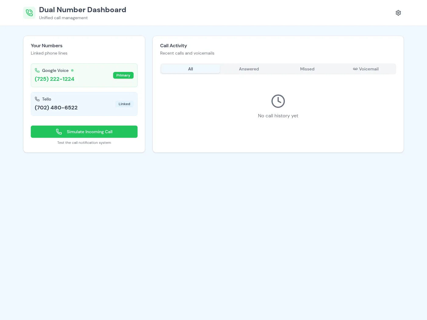 Dual Number Call Handling Dashboard for Linked Tello and Google Voice Lines