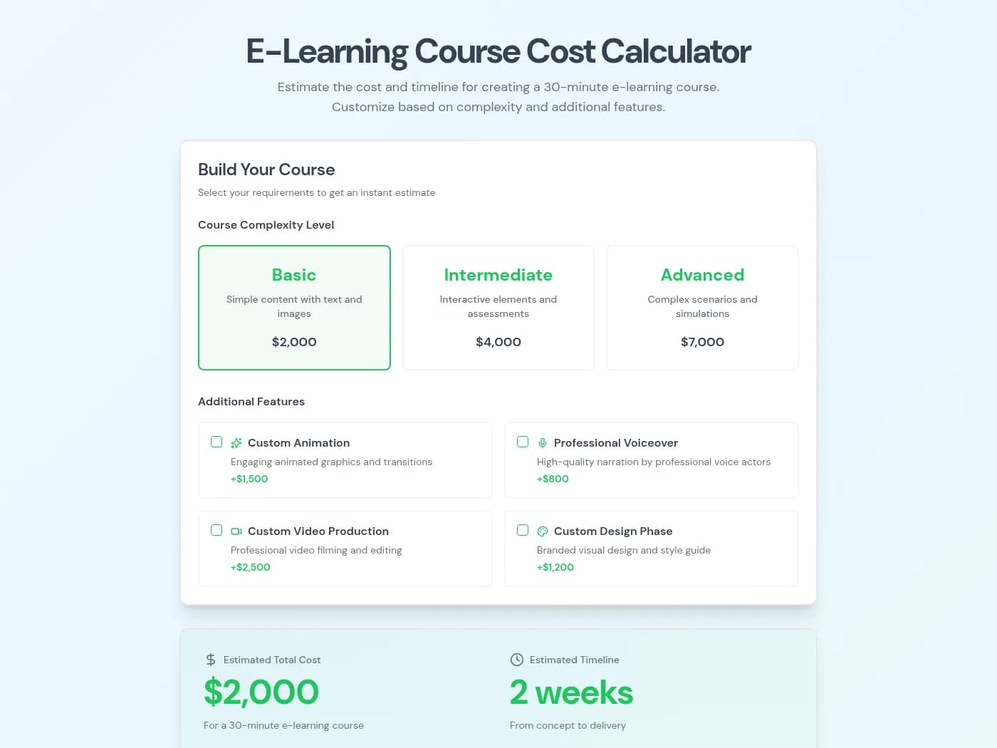 E-Learning Course Cost Calculator