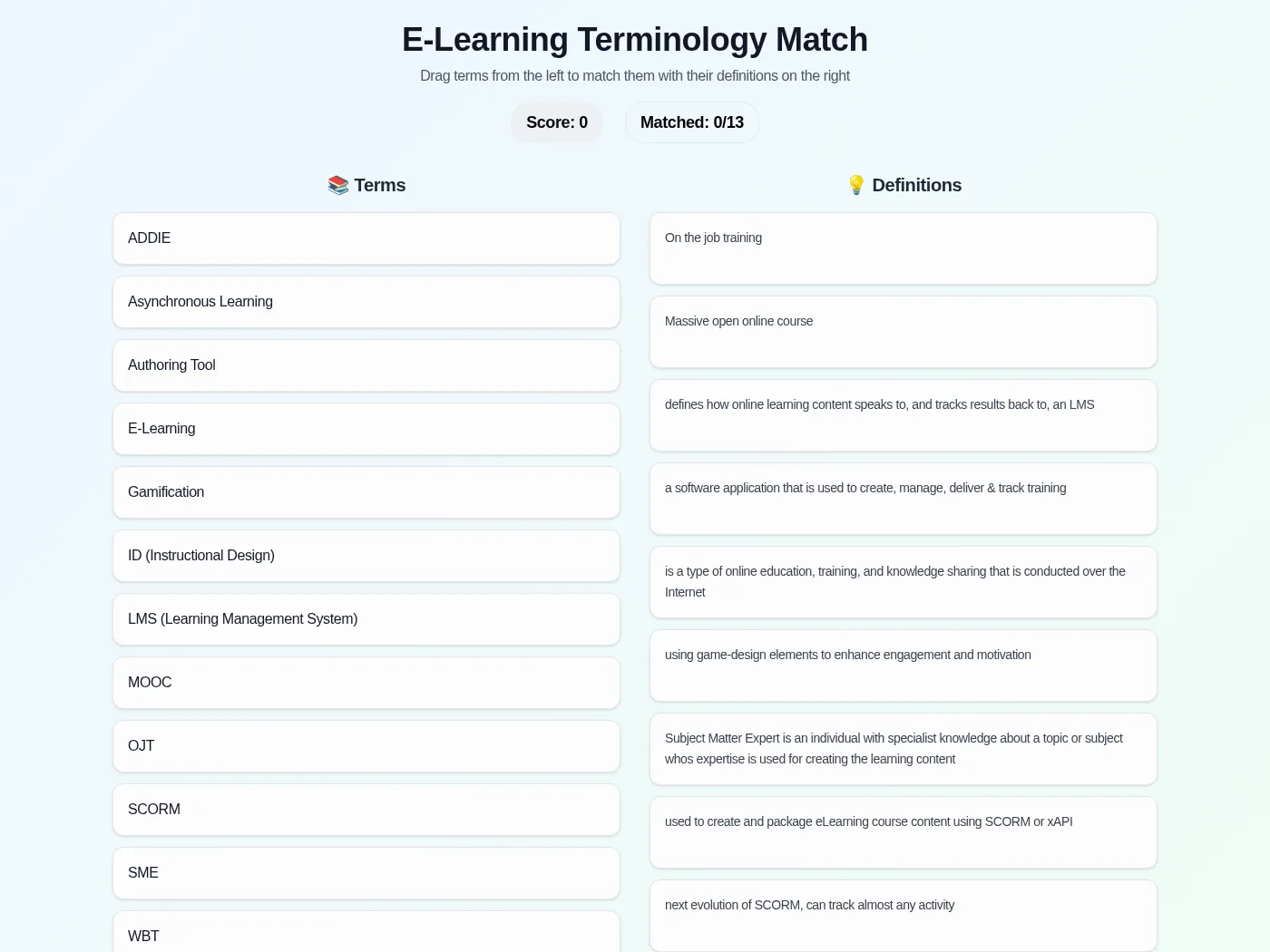 E-Learning Terminology Match Game