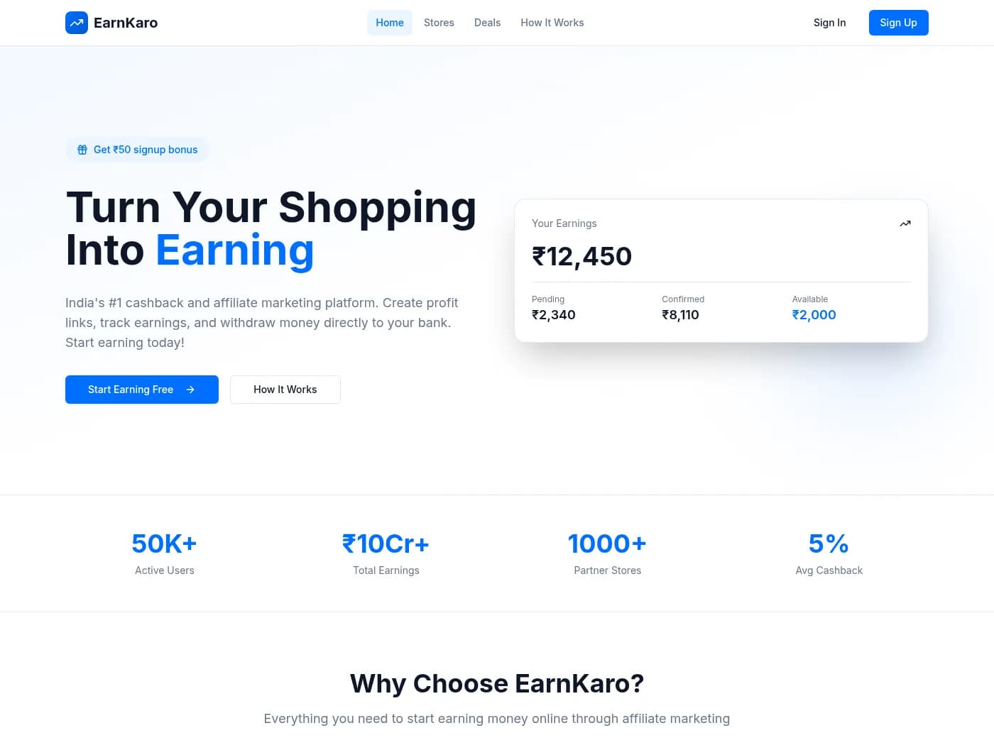 EarnKaro-Style Cashback & Affiliate Marketing Platform