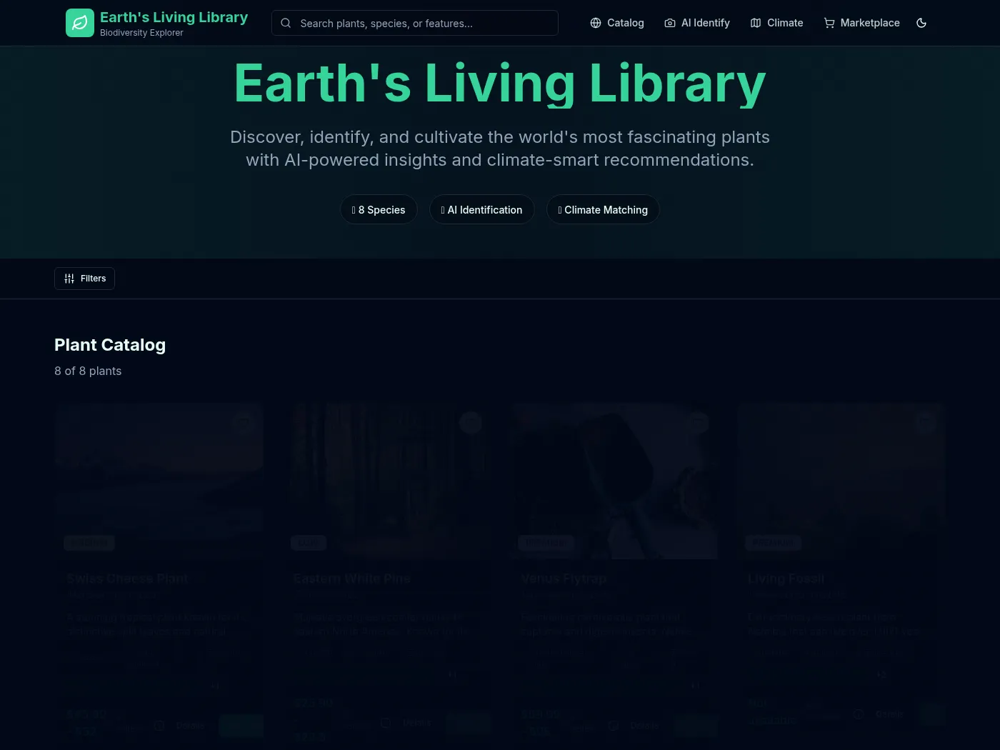 Earth’s Living Library – Futuristic Biodiversity Web App & Marketplace