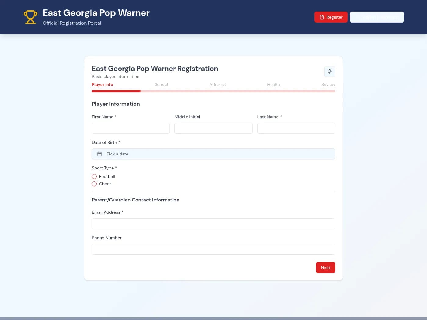 East Georgia Pop Warner Automated Registration & School Assignment Portal